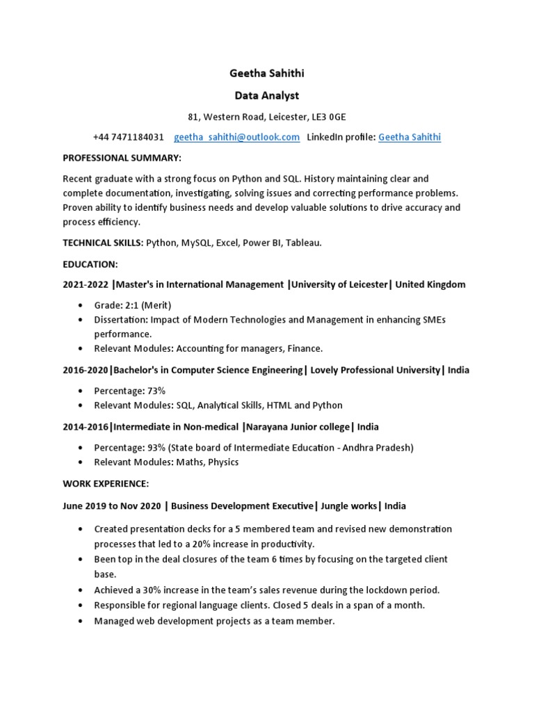 Geetha Sahithi CV | PDF | Computing