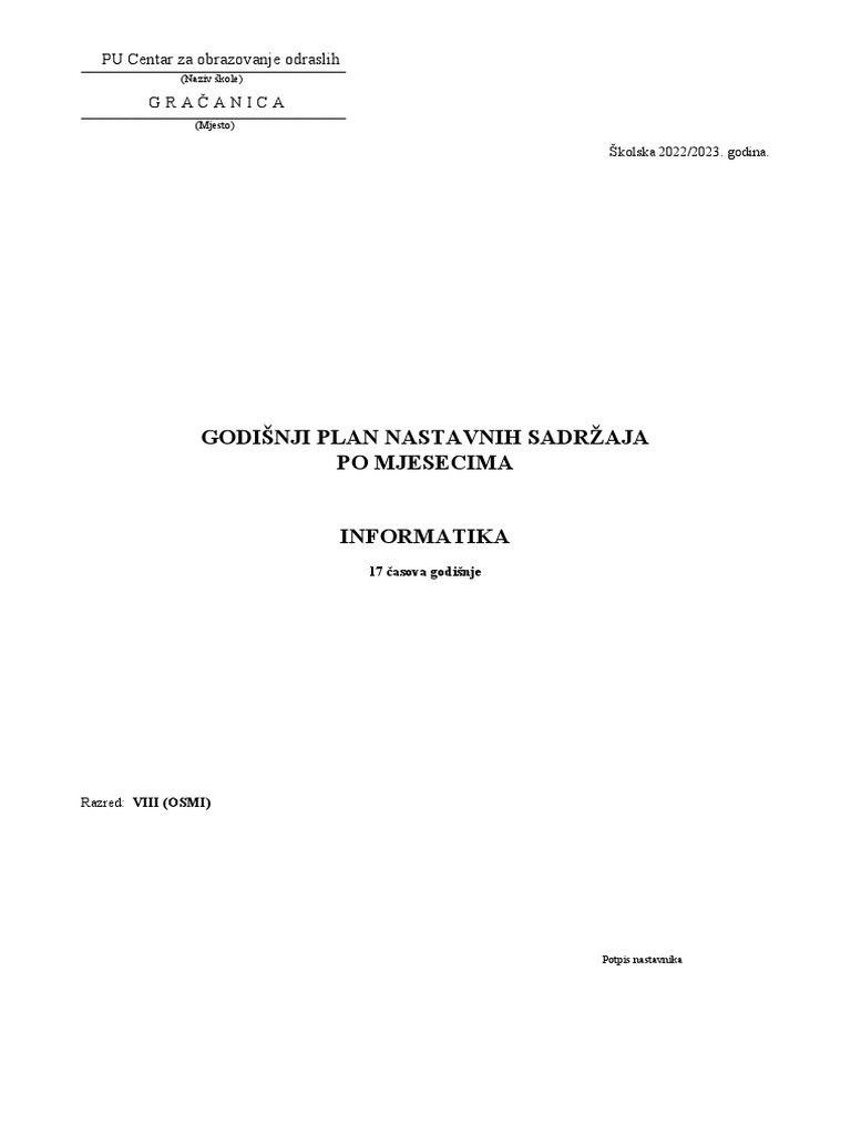 Godišnji plan rada - Informatika VIII razred | PDF