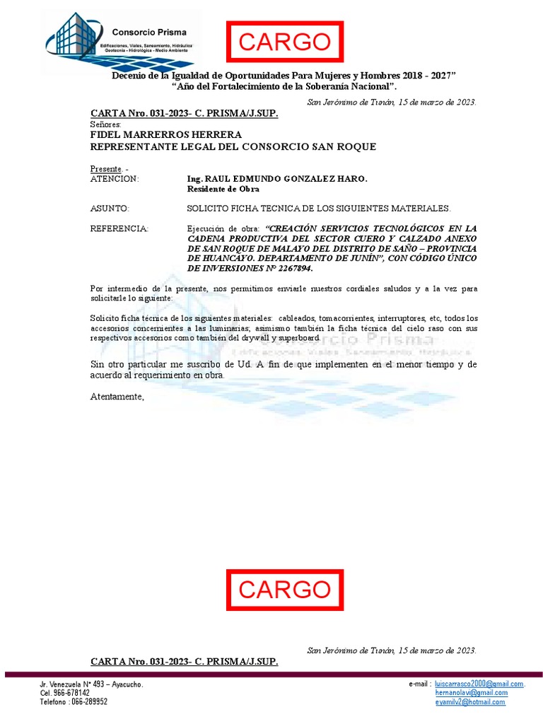 Cartas 031-2023 SOLICITO FICHA TECNICA | PDF