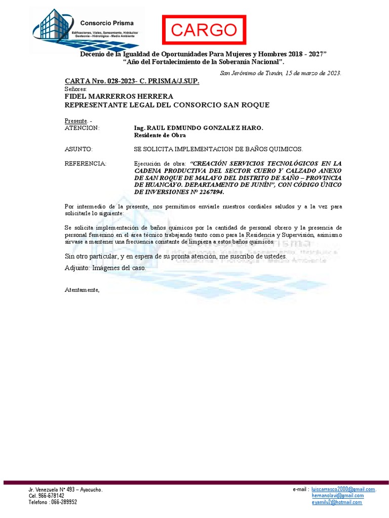 Cartas 028-2023 IMPLEMENTAR BAÑO QUIMICO | PDF