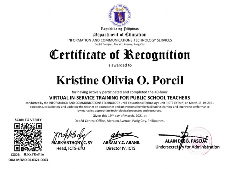 Virtual INSET Certificate of Recognition | PDF