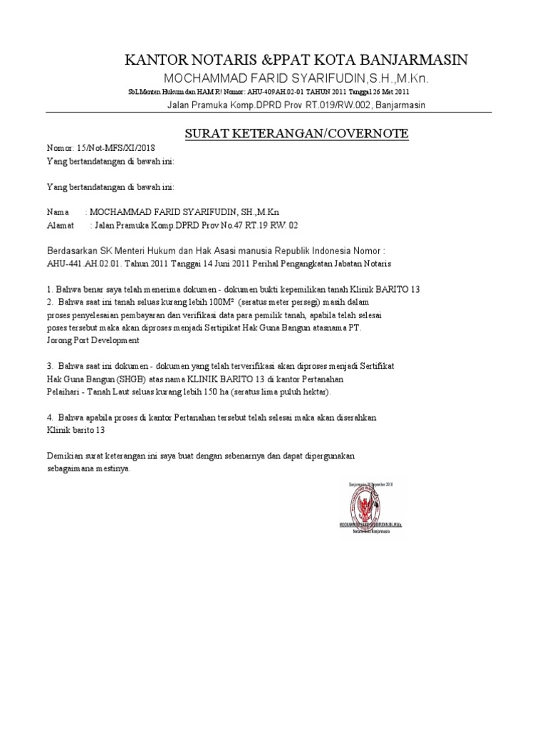 Surat Keterangan Notaris Klinik Barito 13 | PDF | Ilmu Sosial | Hukum