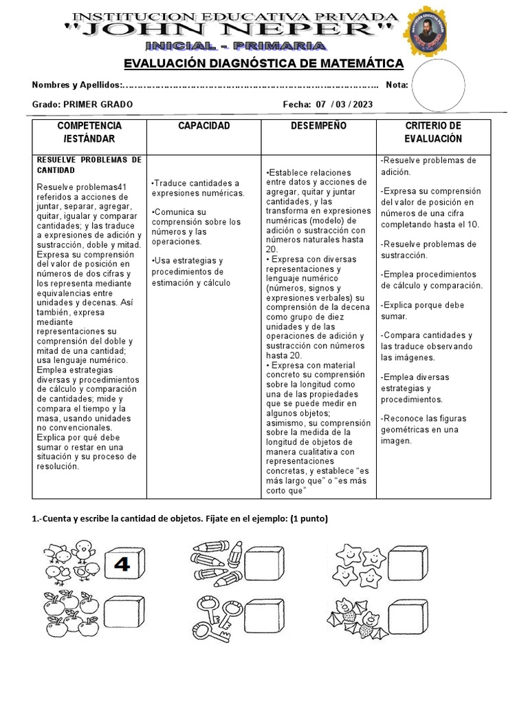 Evaluación Diagnóstica De Matemática 1° Pdf Sustracción Evaluación 6934
