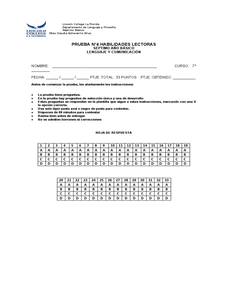 Prueba N°4 de Habilidades Lectoras 7mo | PDF | Trabajo infantil