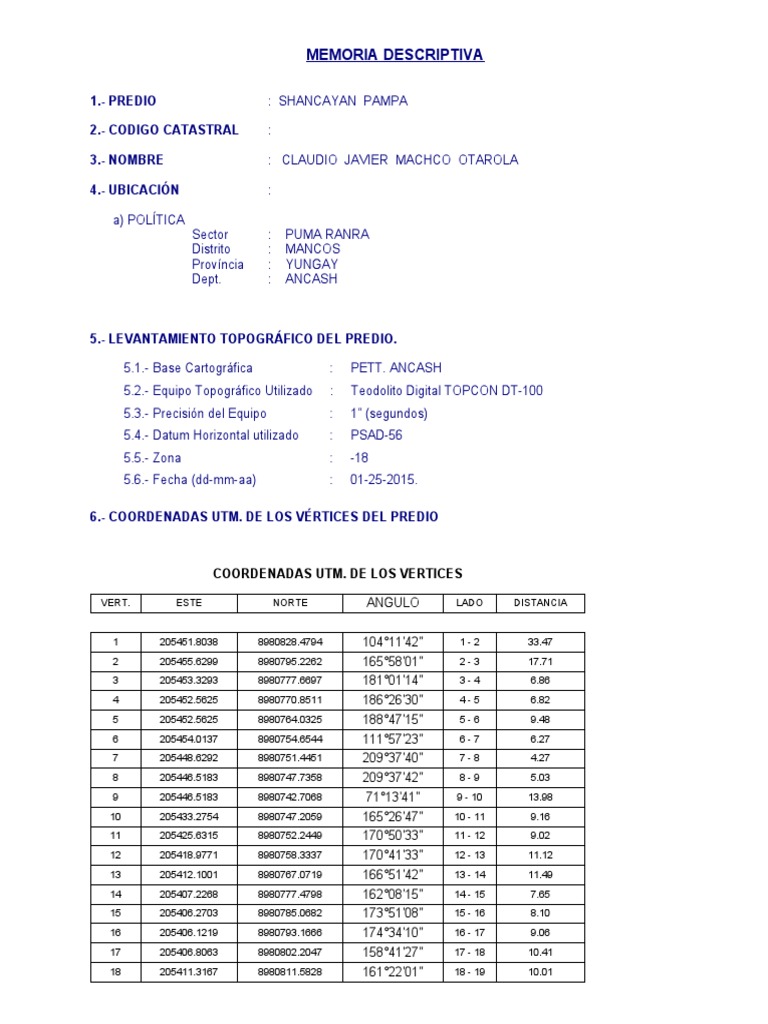 Memoria Descriptiva de Lote Rural | PDF | Geodesia | Cartografía