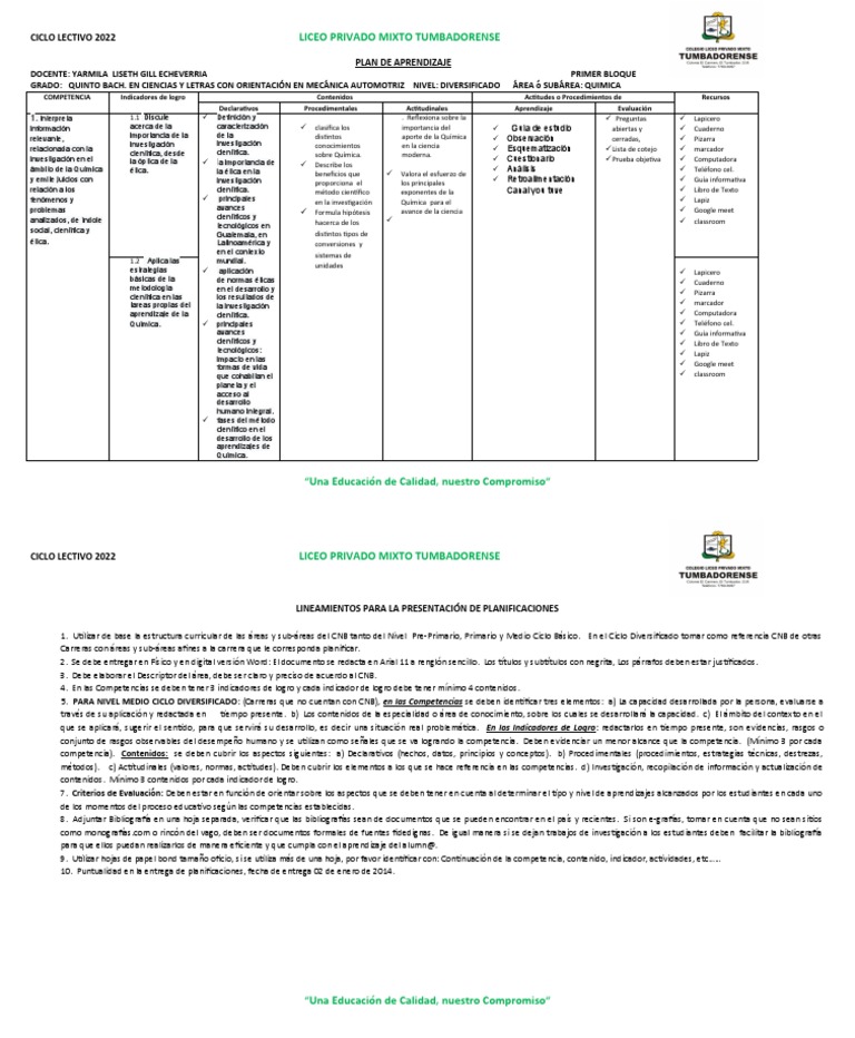 PLANIFICACION Quinto Mecanica Quimica | PDF | Evaluación | Ciencia ...