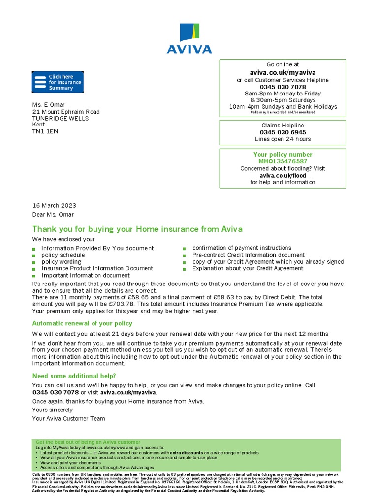Thank You For Buying Your Home Insurance From Aviva | PDF | Interest ...
