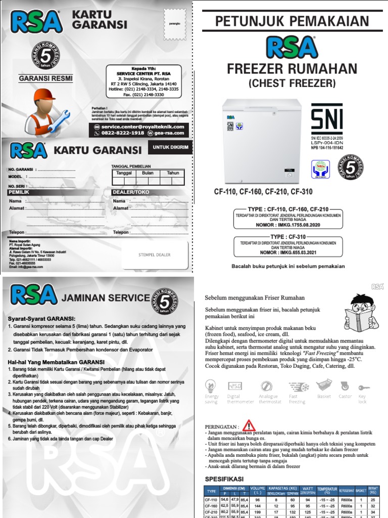 Manualbook Rsa Chest Freezer Model CF-110, CF-160, CF-210, CF-310 PDF | PDF