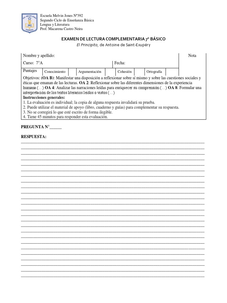 CONTROL DE LECTURA COMPLEMENTARIA 7mo El Principito PDF | PDF | El Principito | Lingüística