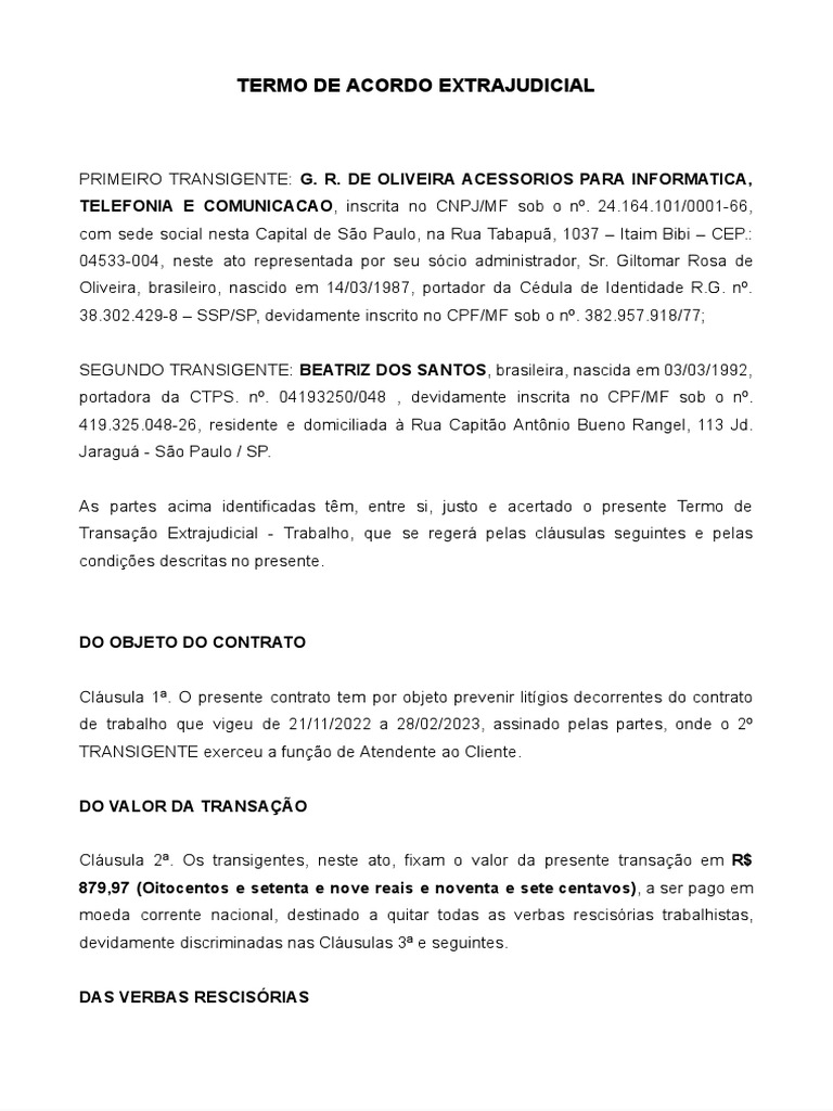 TERMO DE ACORDO EXTRAJUDICIAL - Trabalhista - Giltomar X Beatriz PDF | PDF | Férias trabalhistas ...