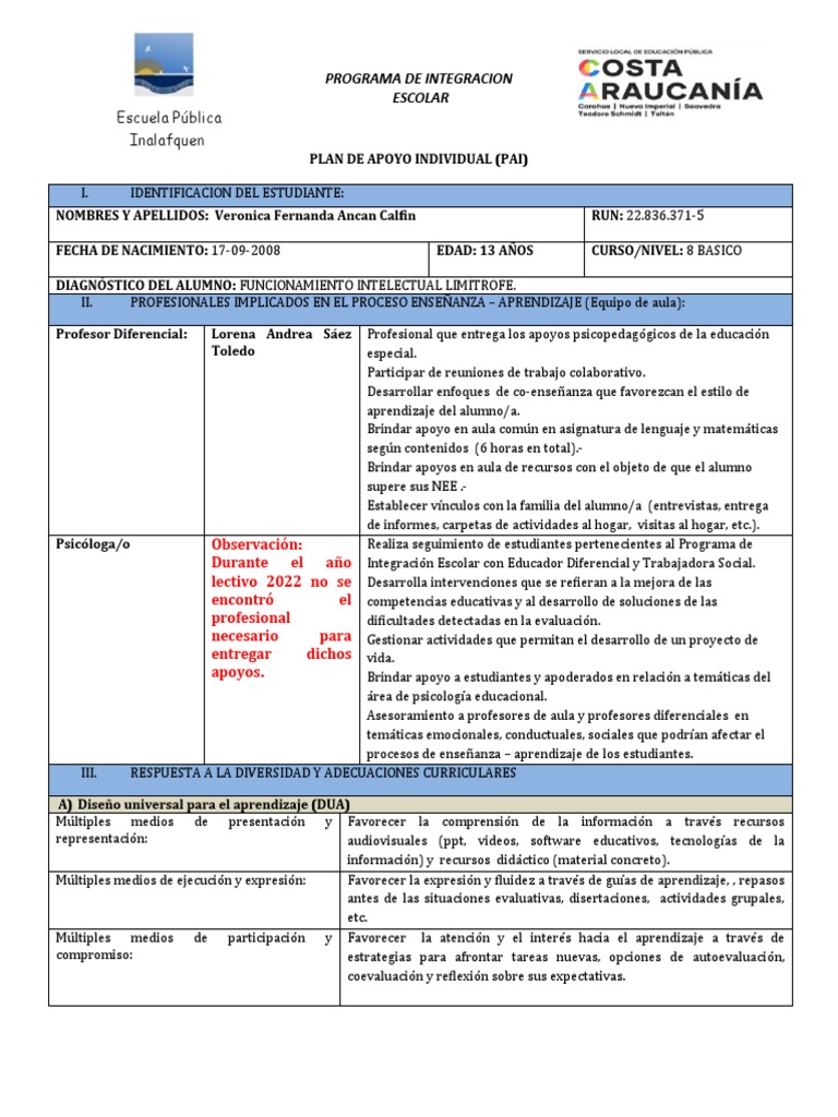 Ejemplo de Plan de Apoyo Individual PAI | PDF | Aprendizaje | Salón de ...