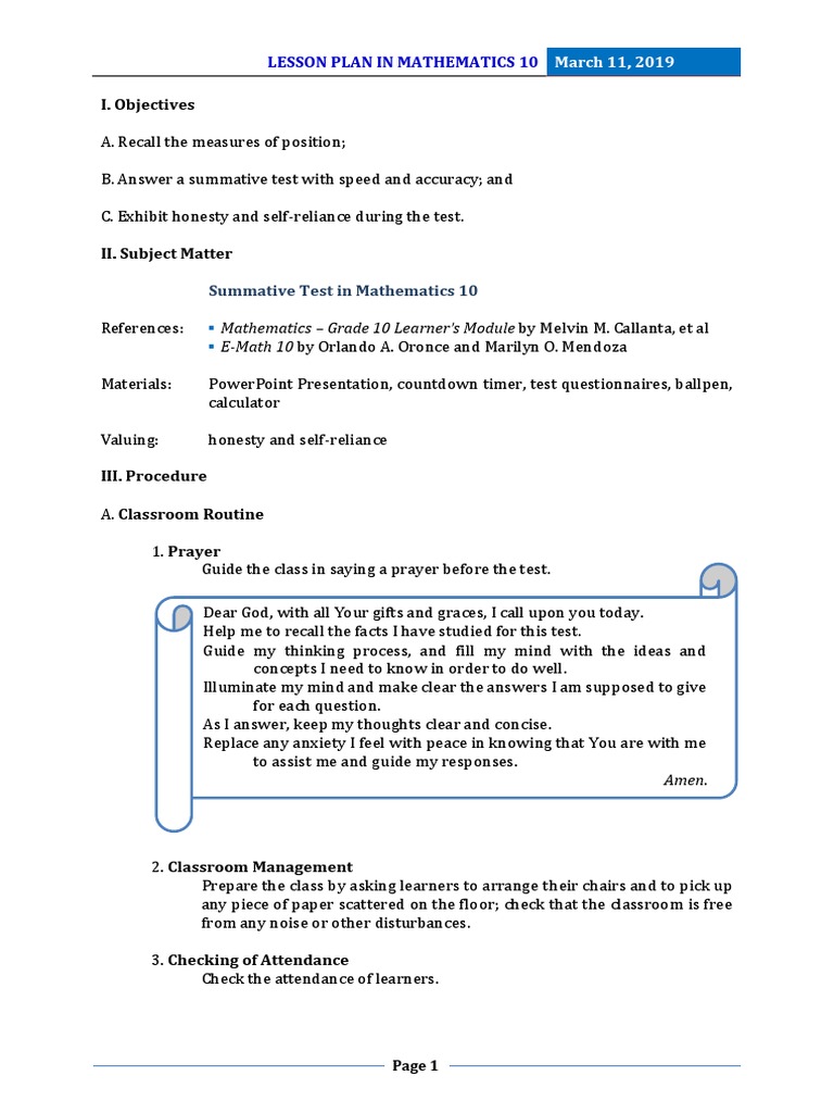 Summative Test Lesson Plan for Math 10 | PDF