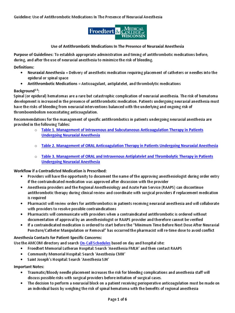 Antithrombotics and Neuraxial Anesthesia Guideline | PDF | Anesthesia ...