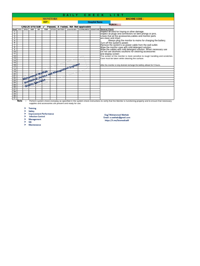 Daily Patient Monitor Maintenance Checklist | PDF | Electricity | Equipment