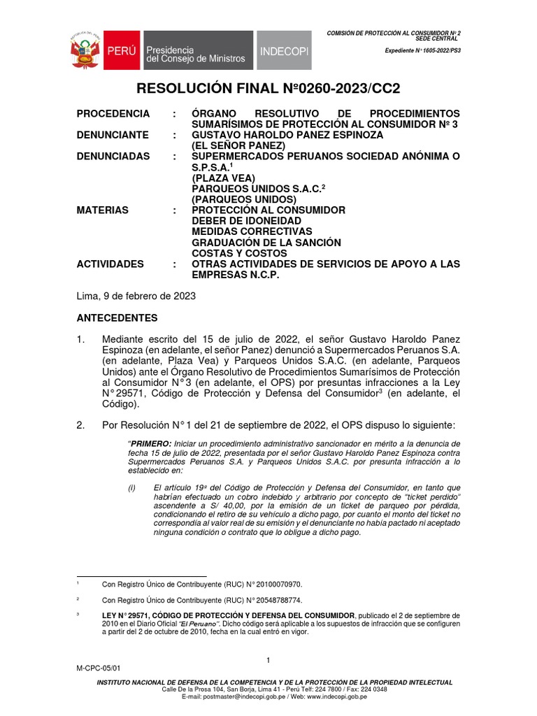 Resolución Final Nº0260-2023/cc2 | PDF | Multa (pena) | Protección al Consumidor