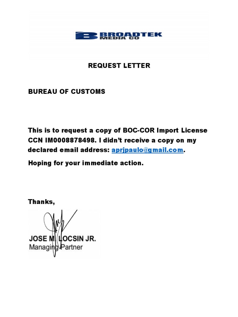 Request for BOC-COR Import License Copy | PDF | Finance & Money Management