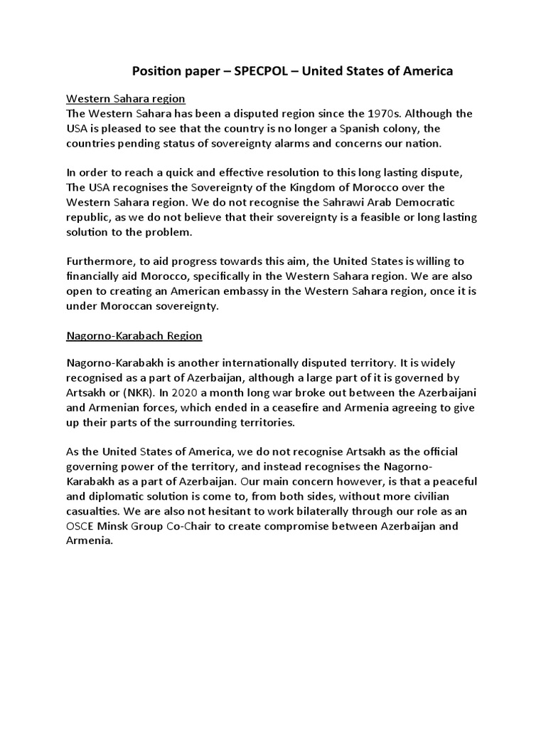 Position Paper - SPECPOL - USA | PDF