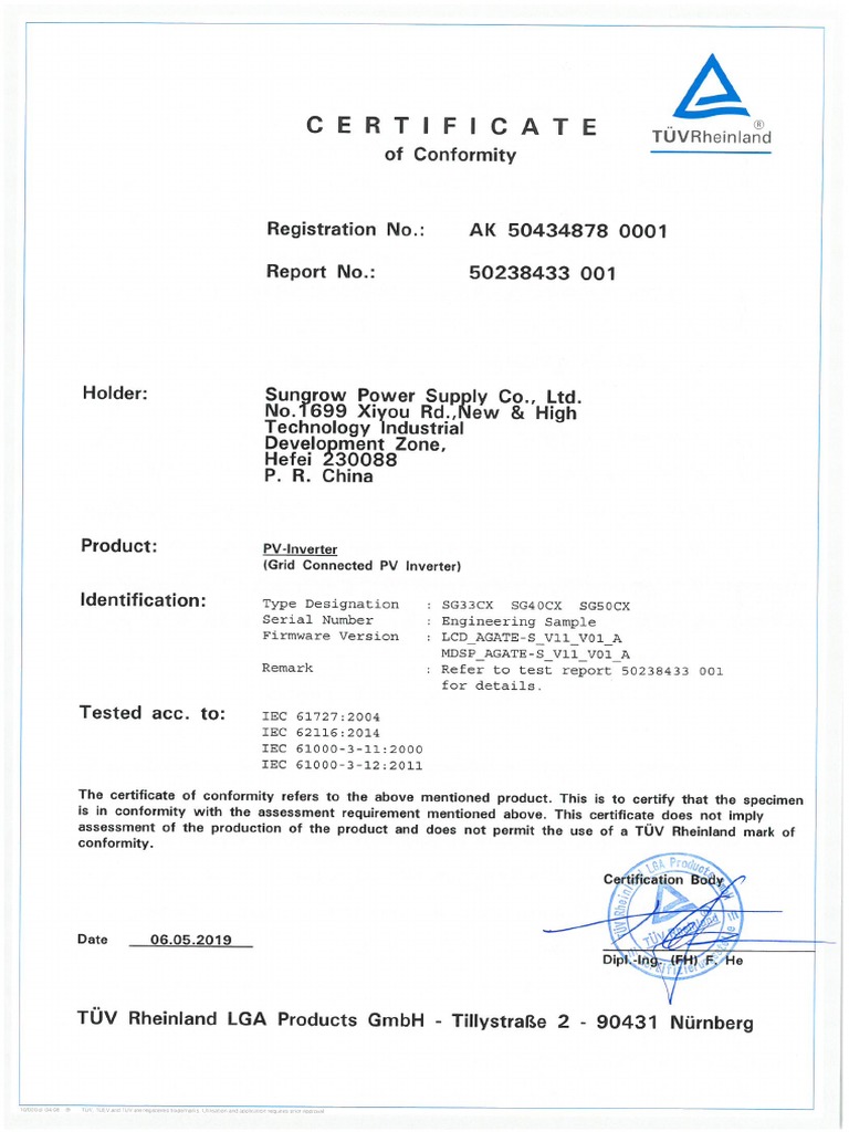 SG33 - 40 - 50CX IEC 61727 62116 EN 61000-3-11 - 12 Certificate | PDF