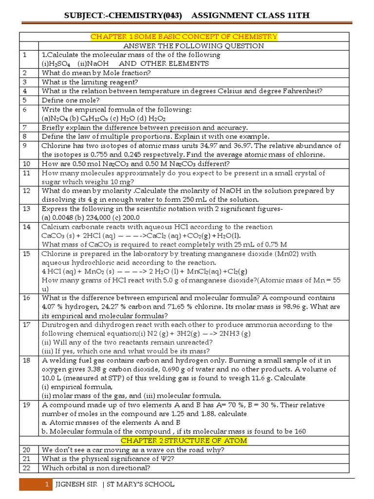 Assignment Class 11 | PDF | Chemical Bond | Redox