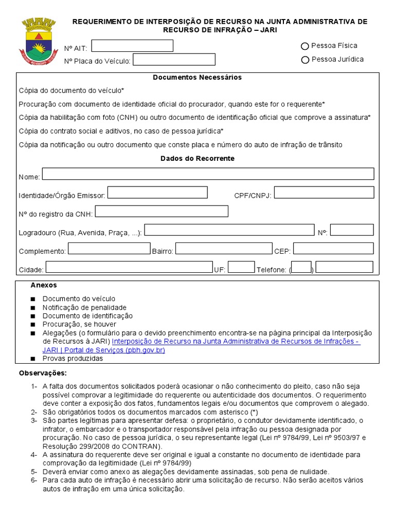 Recurso JARI requerimento interposição | PDF | Carteira de Motorista ... Recurso JARI requerimento interposição | PDF | Carteira de Motorista ...