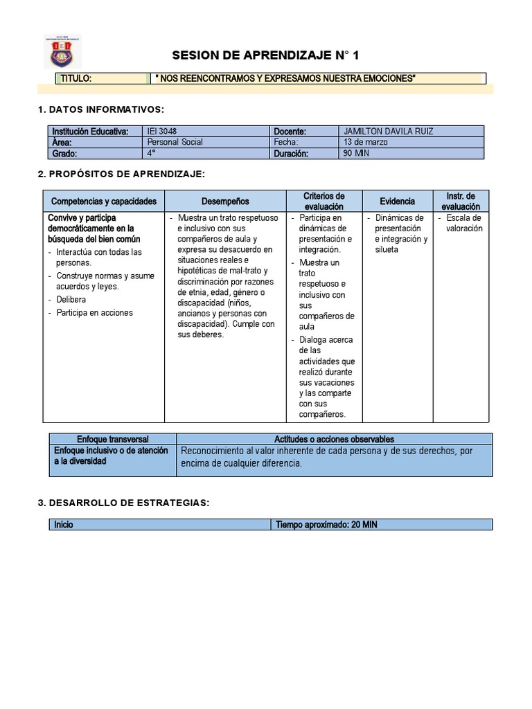 Sesion de Aprendizaje #1: 1. Datos Informativos | PDF | Evaluación | Aprendizaje