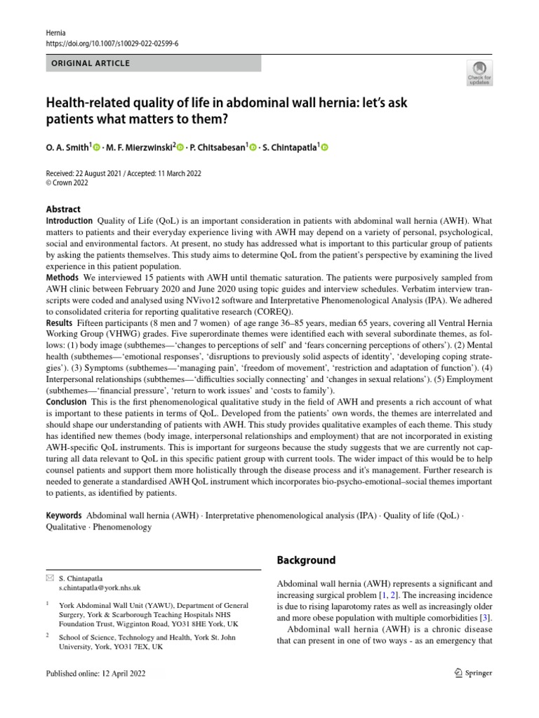 Smith Et Al-2022-Hernia PDF | Download Free PDF | Qualitative Research | Quality Of Life