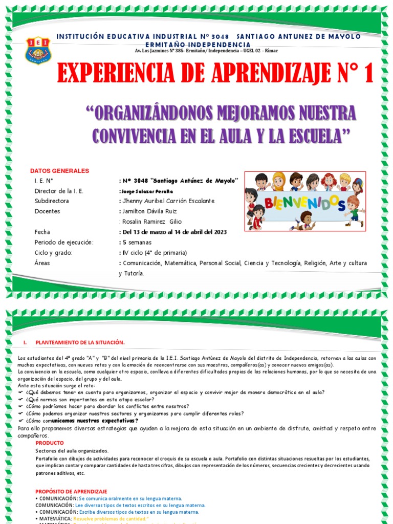 Experiencia De Aprendizaje 1 2023 Cuarto Grado Pdf Pdf Números