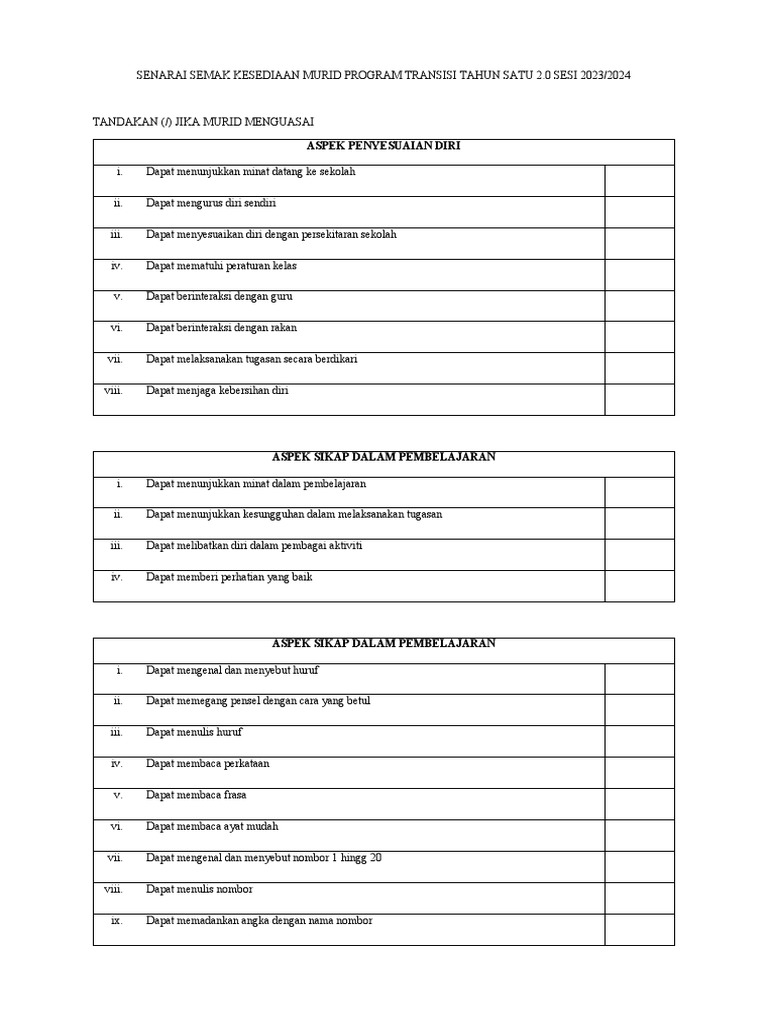 Senarai Semak Kesediaan Murid Program Transisi Tahun Satu | PDF Senarai Semak Kesediaan Murid Program Transisi Tahun Satu | PDF
