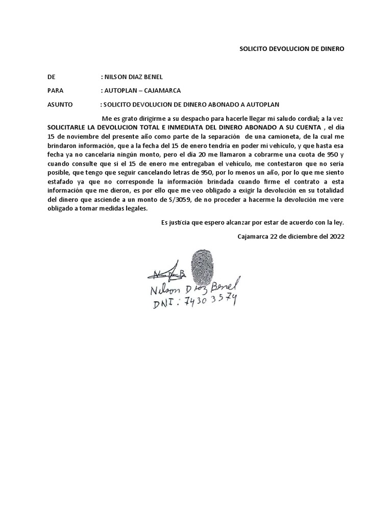 SOLICITO DEVOLUCION DE DINERO-autopln | PDF