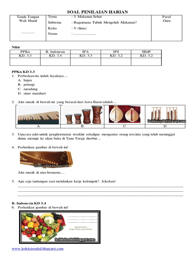Soal Penilaian Harian Kelas 5 Tema 3 Subtema 1 | PDF