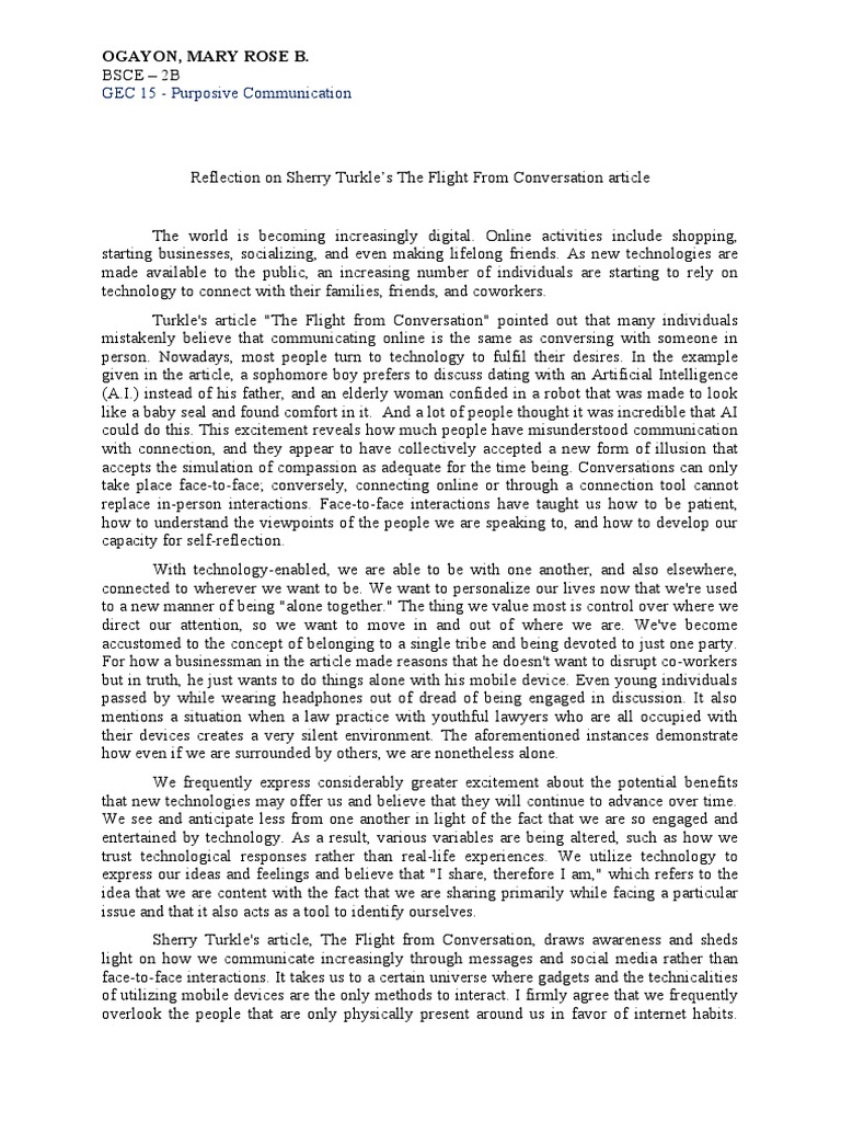 Reflection On Sherry Turkle | PDF | Conversation | Social Media