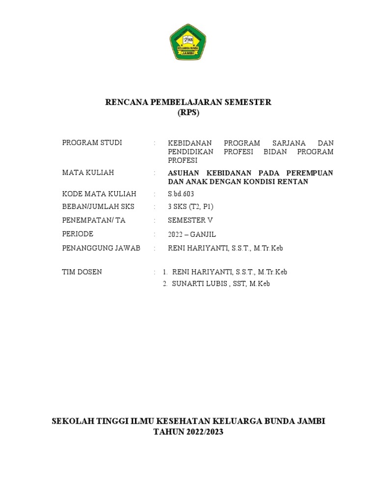 RPS AsKeb Pada Perempuan, Anak Dengan Kondisi Rentan 2022-2023 | PDF