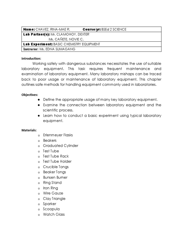 Lab Report - Basic Chemistry Equipment | PDF | Analytical Chemistry ...