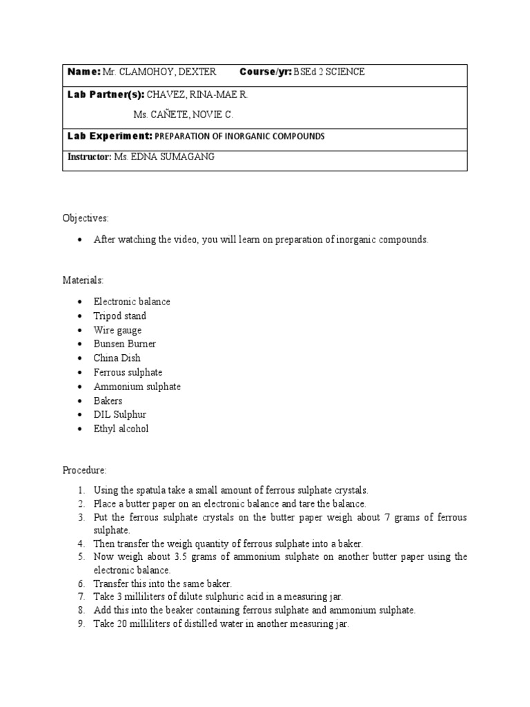 Lab Report - Preparation of Inorganic Compounds | PDF | Solubility ...