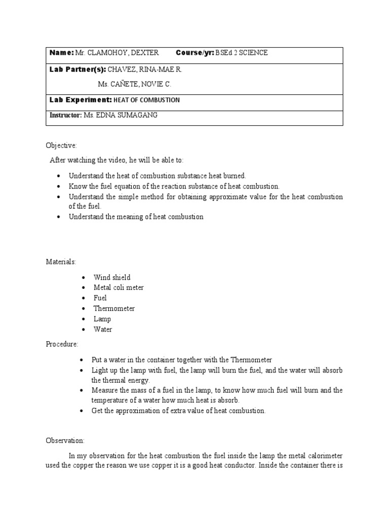 Lab Report - Heat of Combustion | PDF | Combustion | Heat
