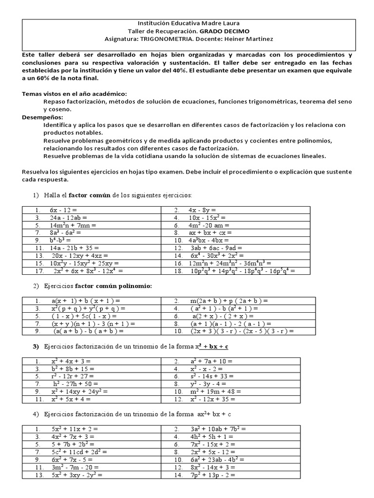 Nivelacion Decimo | PDF | Funciones trigonométricas | Ecuaciones
