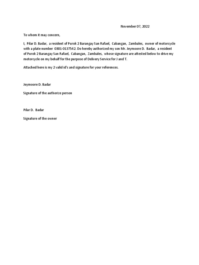 Authorization Letter For The Use of Vehicle | PDF | Finance & Money ...