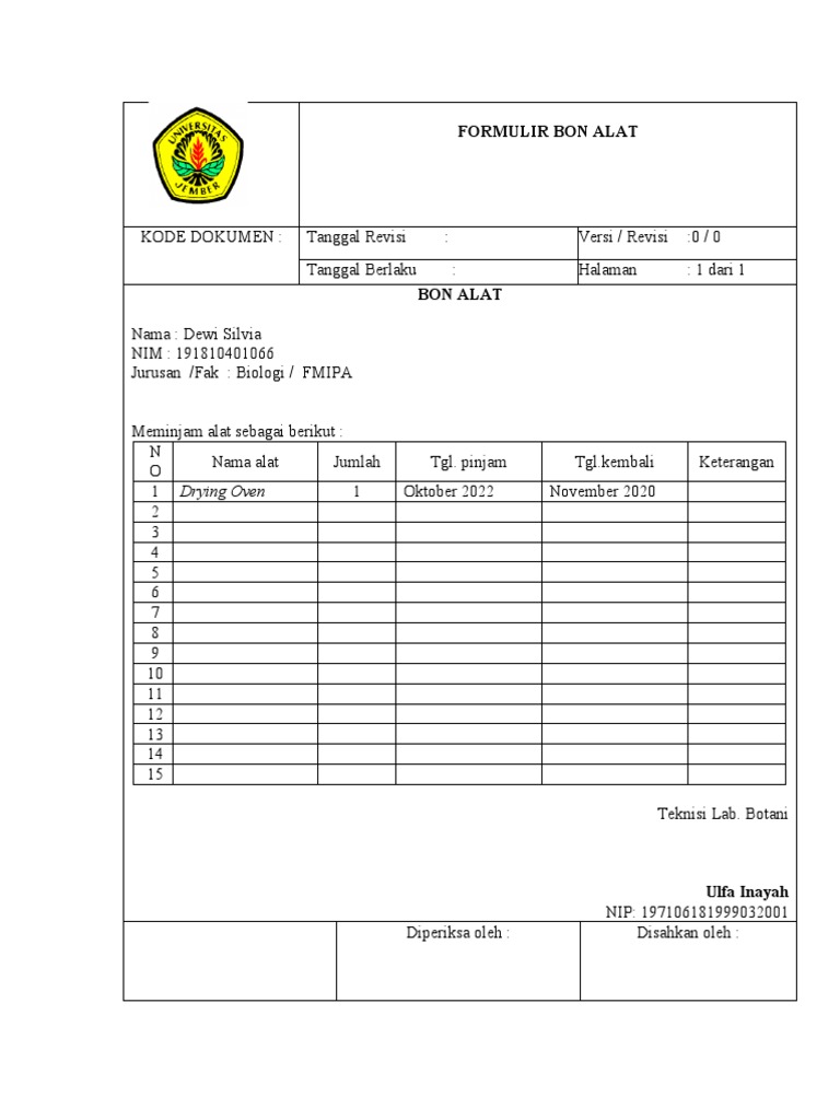 Form Bon Alat - Dewi Silvia | PDF