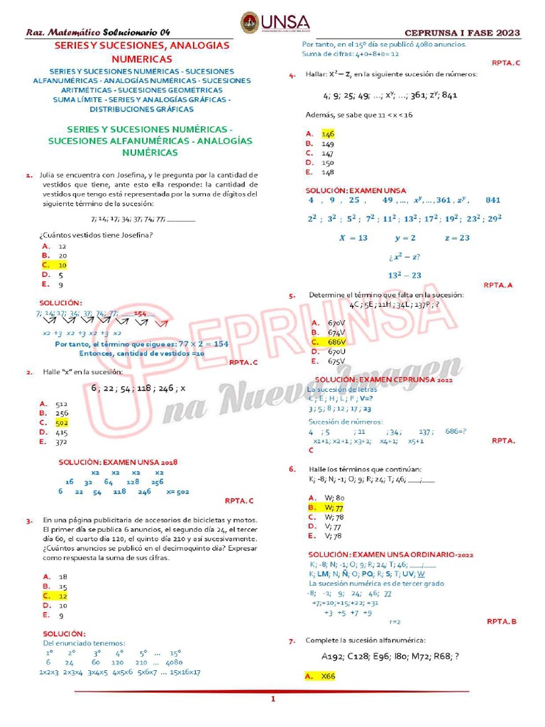 Practica #04 Solucionario Raz. Log. Matemático - Ceprunsa I Fase 2023 | PDF