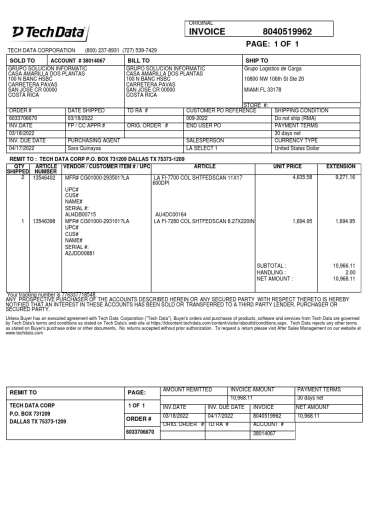TechData Invoice 8040519962 | PDF | Service Industries | Business
