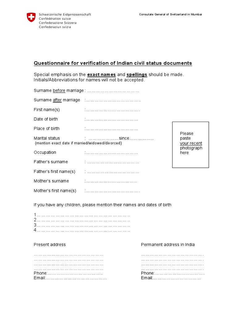 Questionnaire Swiss - Mumbai Civil Status | PDF | Justice | Crime ...