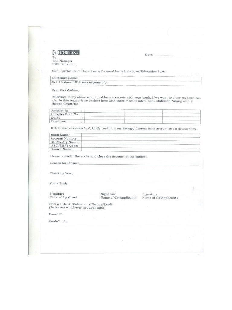 IDBI Home Loan Closure Form | PDF
