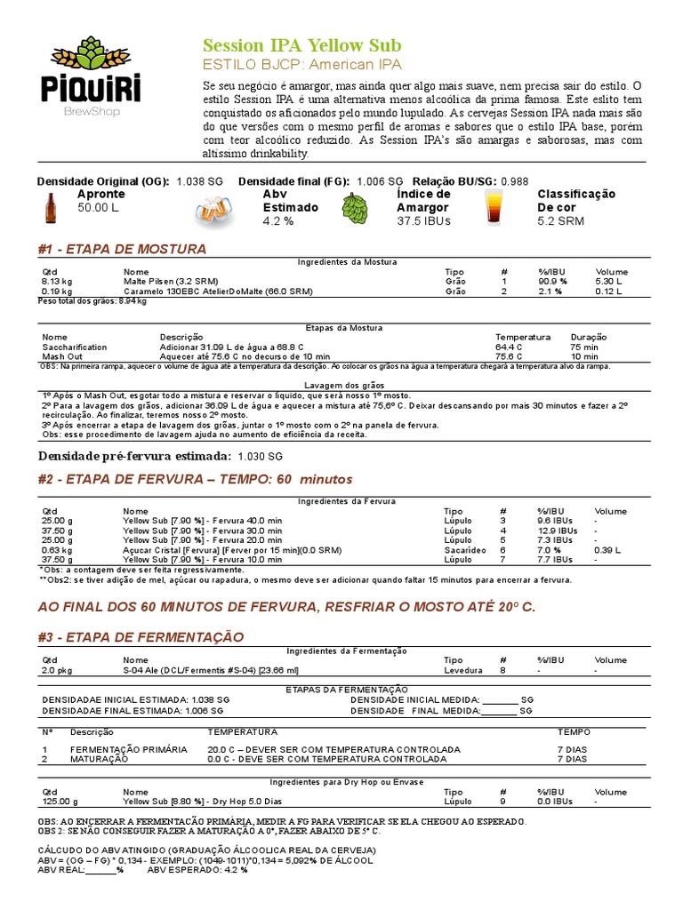 session ipa yellow sub 50 litros | PDF | Cerveja | Fermento