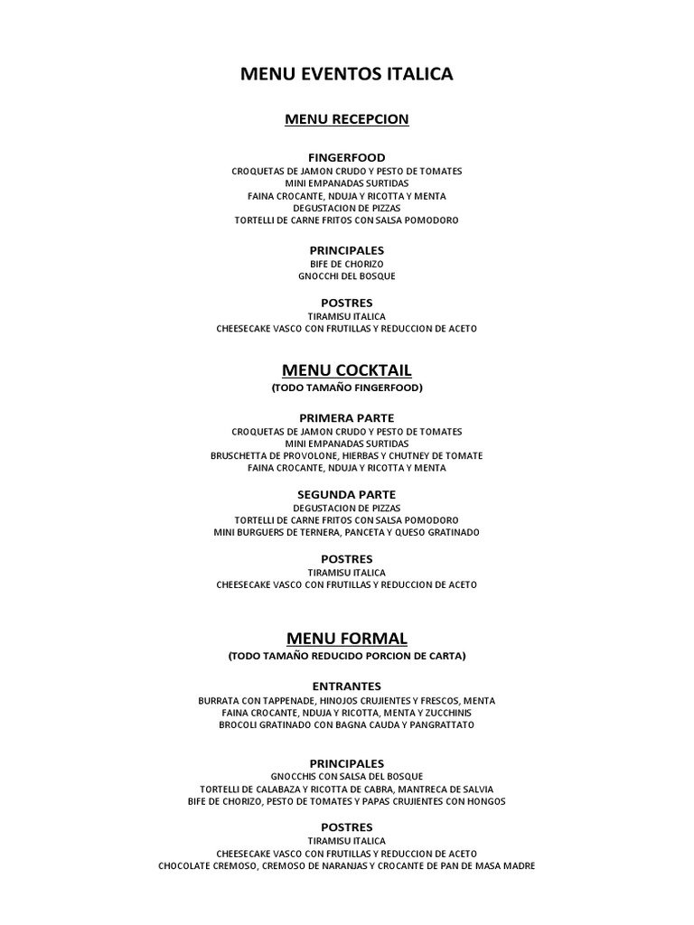 Menu Eventos Italica | PDF