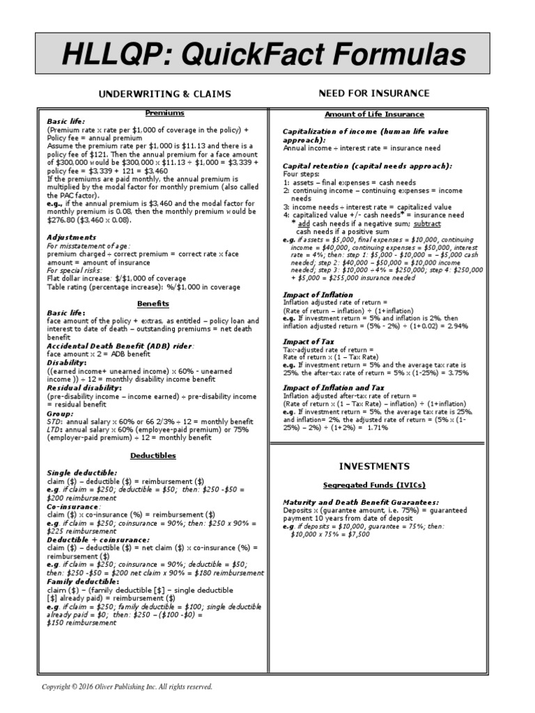 HLLQP QuickFact FormulaSheet 2016 | PDF | Capital Gain | Insurance