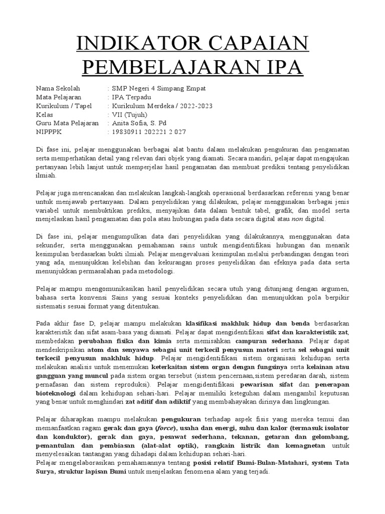 Indikator Capaian Pembelajaran Ipa | PDF