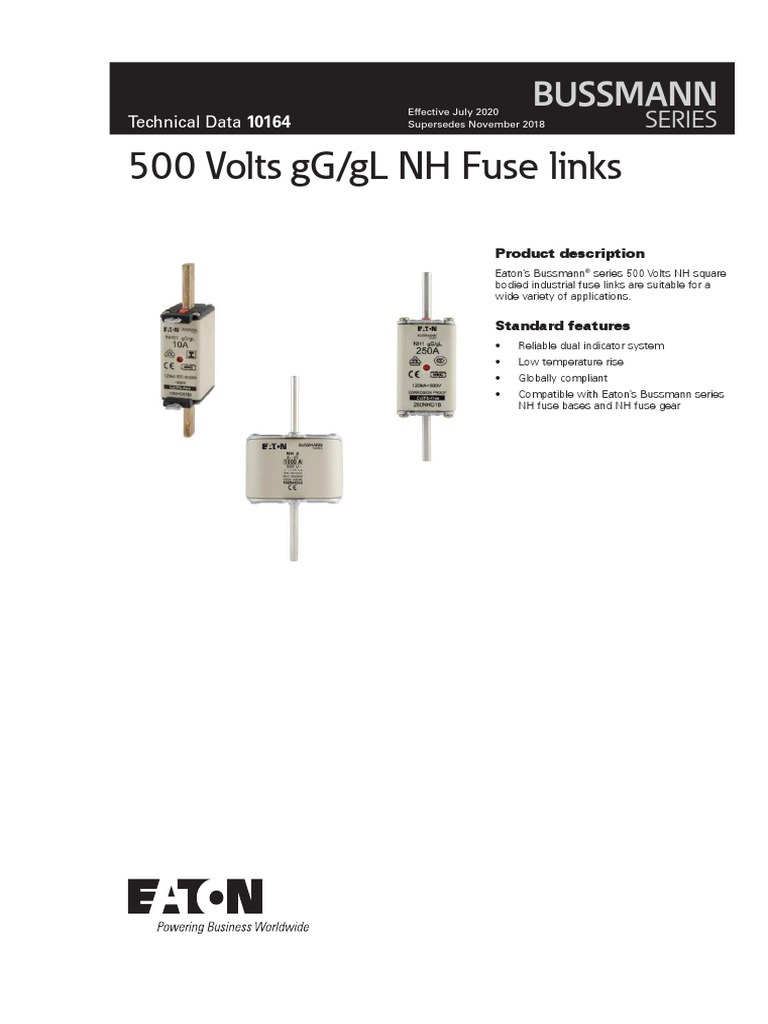 Eaton Bussmann NH 500 Volts GG Fuses Datasheet 10164 en GB | PDF ...