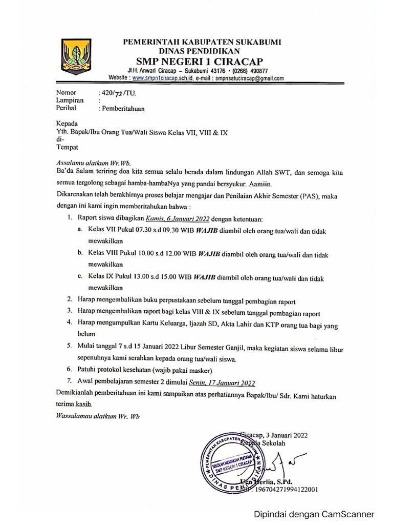 Surat Pemberitahuan Orang Tua Siswa PDF | PDF