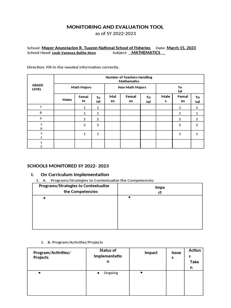 Secondary Monitoring and Evaluation Tool 2022 2023 | PDF
