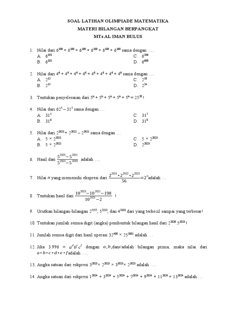 Soal Latihan Olimpiade Matematika SMP Materi Bilangan Berpangkat | PDF